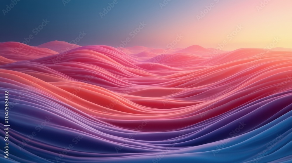 Swirling layers of vibrant glossy ribbons in sunset colors form a ...