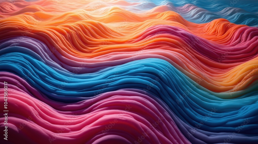 Swirling layers of vibrant glossy ribbons in sunset colors form a ...