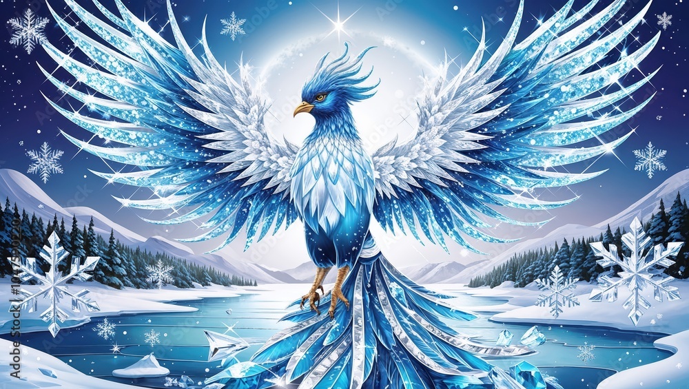 Blue mythical phoenix in a magical winter landscape with sparkling ...