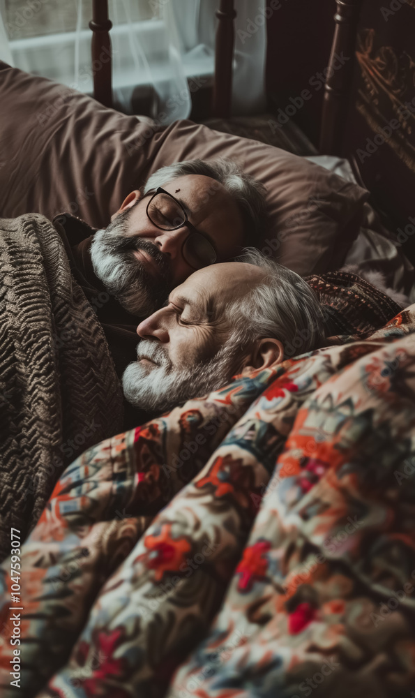 two senior older gay men sleeping together in cozy bedroom, homosexual ...