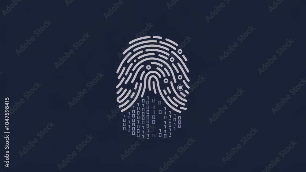 Minimalistic abstract illustration of a fingerprint pattern integrated with binary code and ...