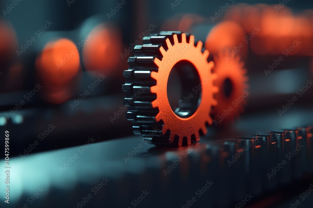 Orange gear wheel with black teeth on dark surface. Industrial ...