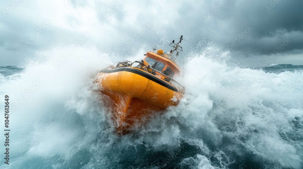 An orange rescue boat faces enormous waves in the open ocean ...