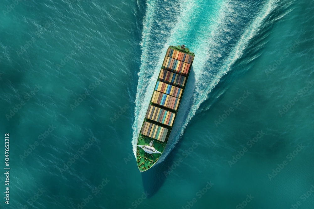Aerial view of a large cargo ship sailing smoothly through the sea, a ...