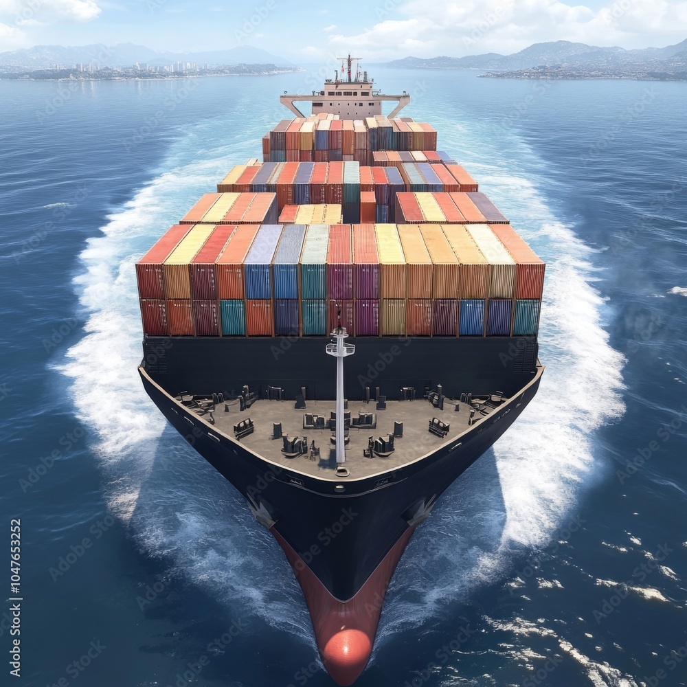 Aerial view of a large cargo ship sailing smoothly through the sea, a ...