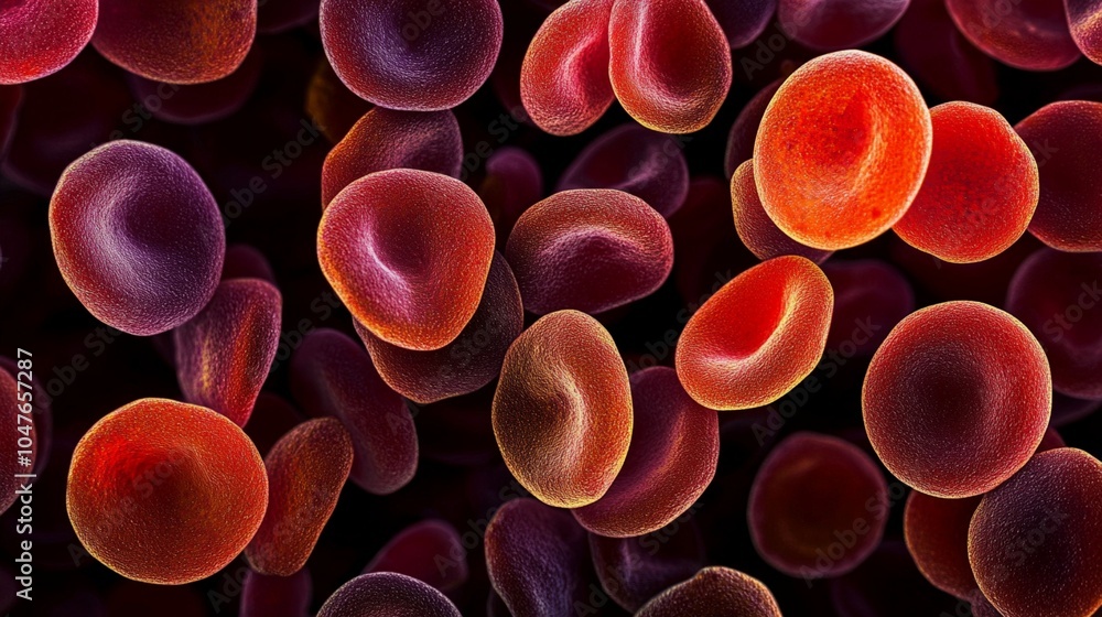 Microscopic view of vibrant red blood cells floating in plasma ...