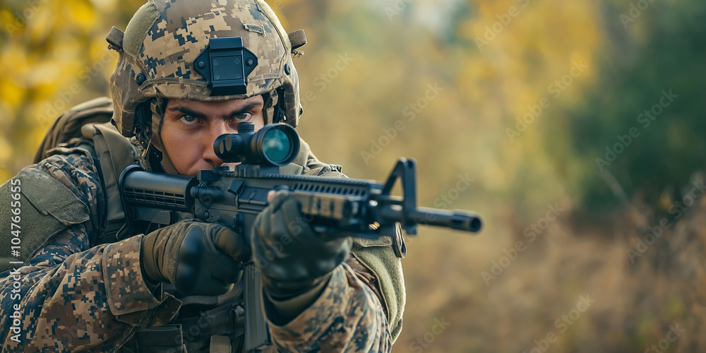 A soldier in full camouflage aiming a rifle intently, showcasing ...