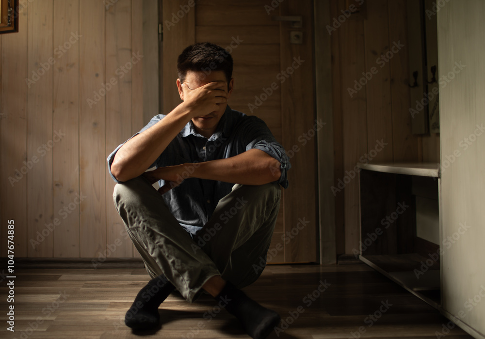 Unhappy man hand over face, sitting on floor at home, thinking about ...