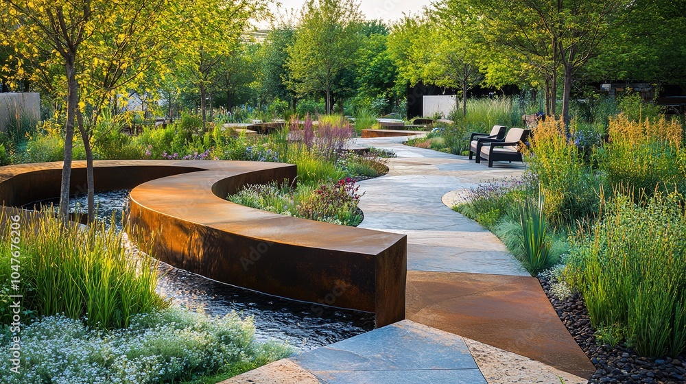 An outdoor garden with pathways and seating areas designed to mimic the ...