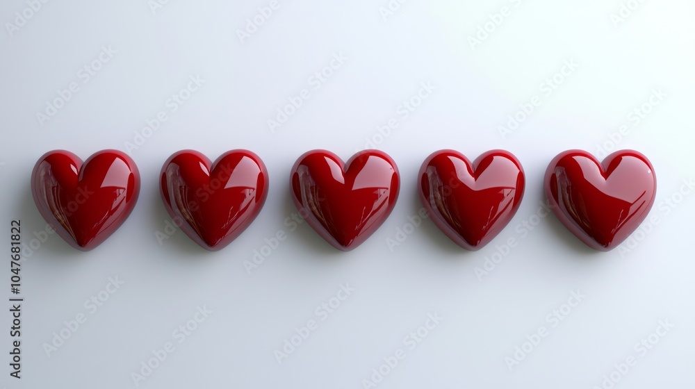 Five vibrant red hearts aligned on a clean white background create a ...