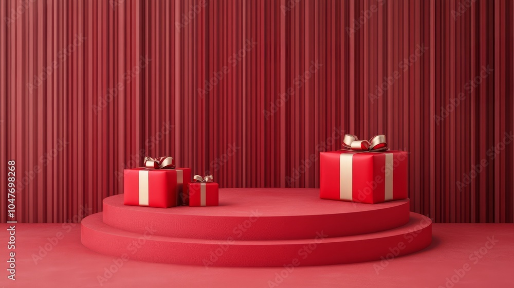Minimalist Christmas stage background featuring festive red gift boxes with gold ribbons on ...