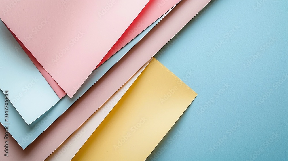 Pastel sheets of paper in pink, blue, and yellow hues arranged in a ...
