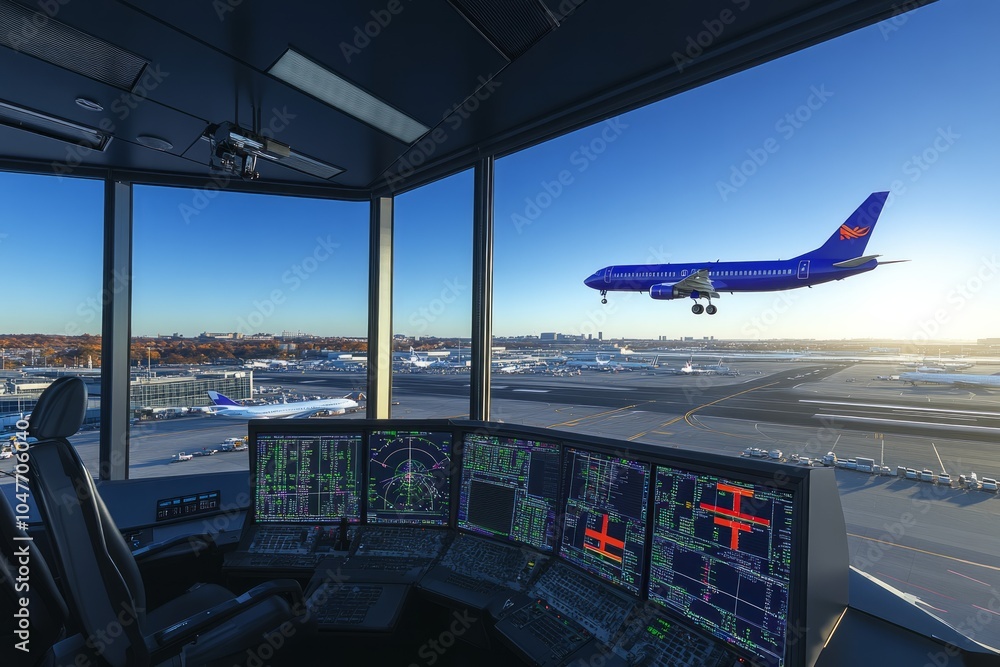 a modern and busy air traffic control room, outside of the large ...