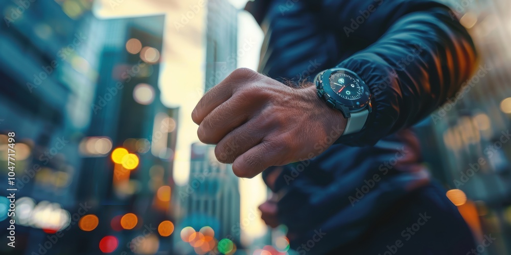 Runner with a smartwatch celebrates fitness progress. Athlete embraces ...