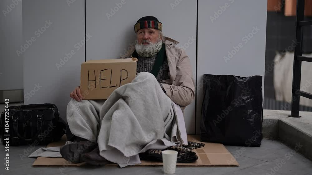 Portrait of freezing aged homeless man sitting on cold city sidewalk ...