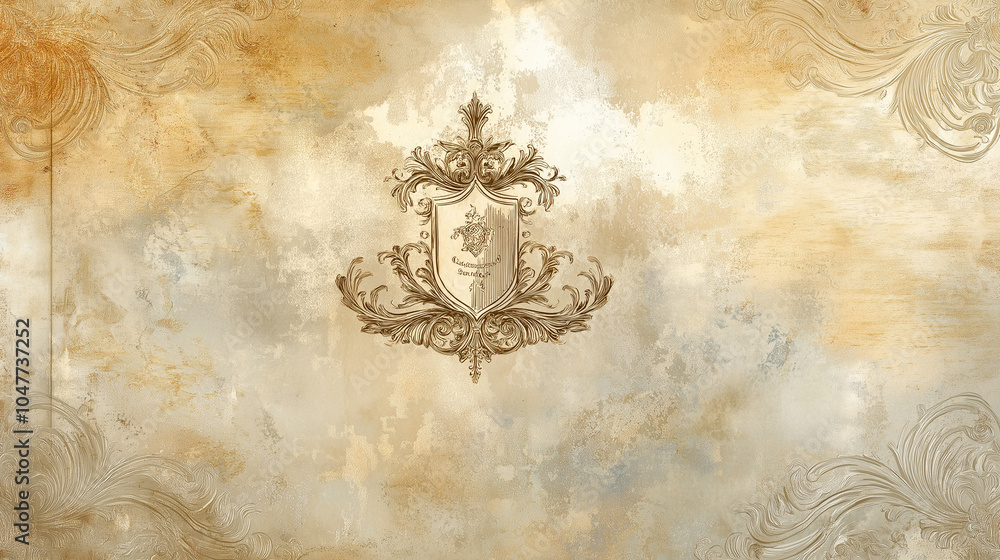 Victorian paper background with ornate border and faded family crest ...