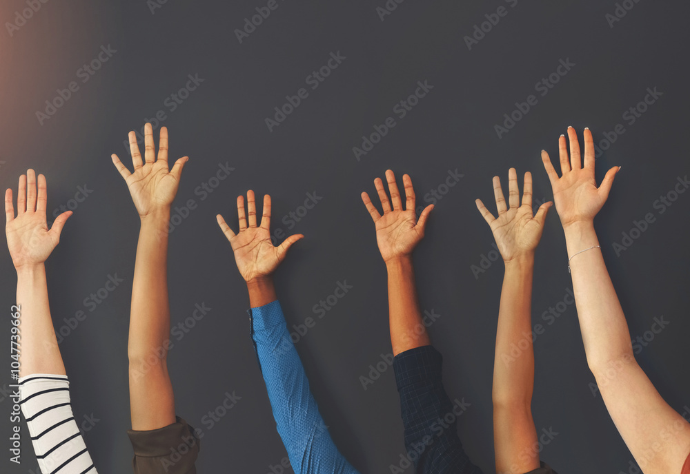 Raise your hand if youre part of our team. Shot of a group ...