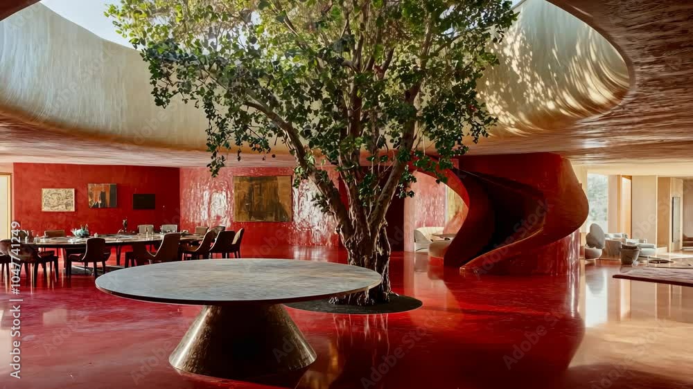 A large tree grows through the roof of a modern home with red walls and ...