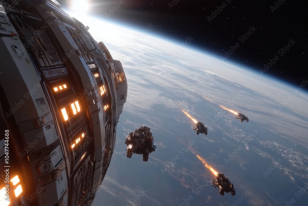 A scene of spaceships launching into the Earth's orbit from a larger ...