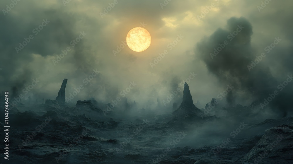 Hazy sky filled with smoke and ash, with sun barely visible through the ...