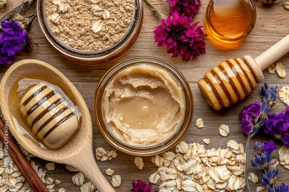 A rustic composition of natural skincare ingredients showcasing honey ...
