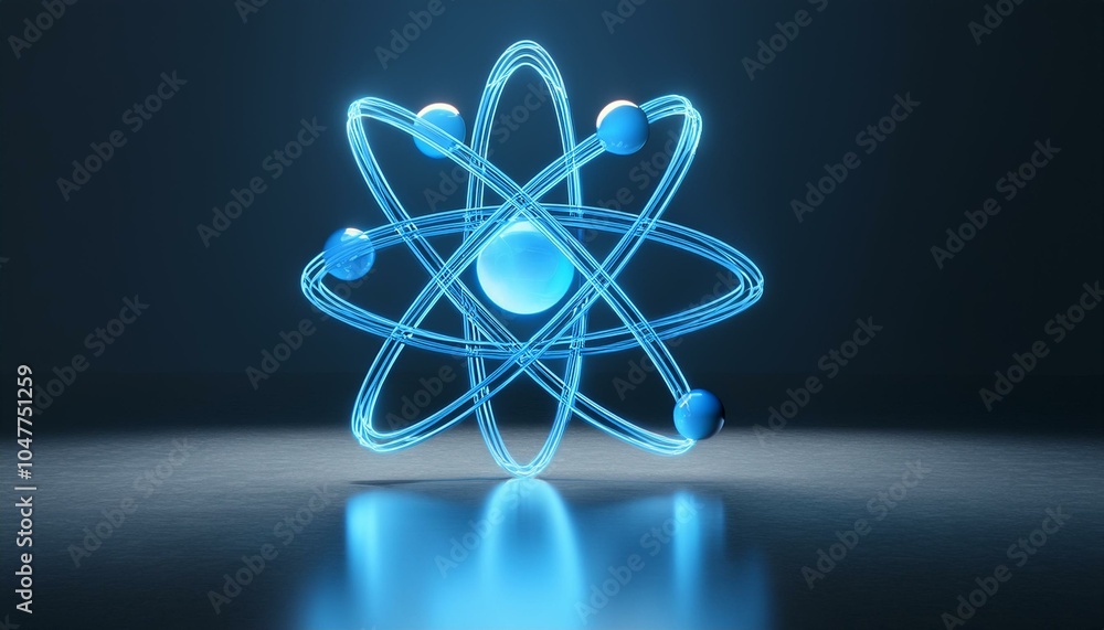 blue atom model nucleus with electrons in spotlight with reflections on ...