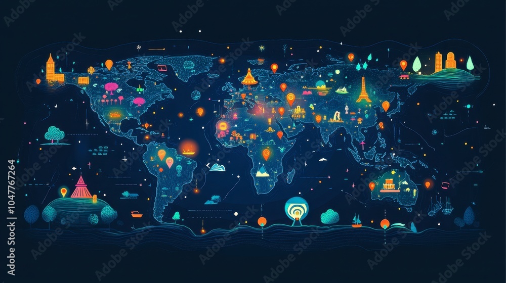 Colorful World Map with Icons and Symbols Stock Illustration | Adobe Stock