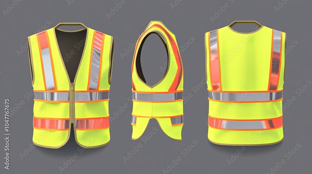 Views of a safety vest from front, back, and side. Yellow and light ...