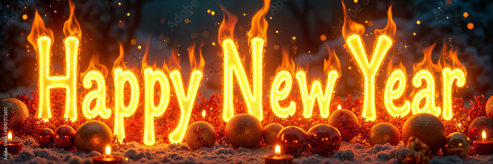 Festive scene with the words Happy New Year written in large, glowing ...