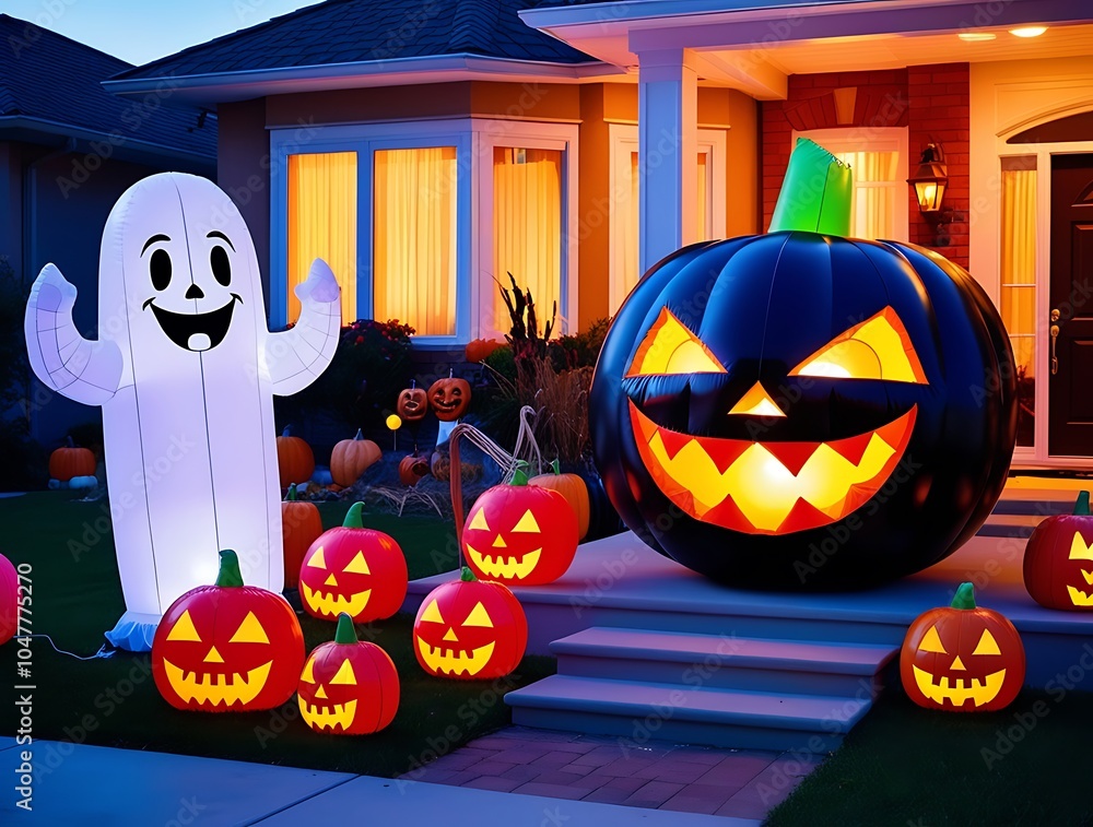 Illuminated night Halloween house yard decorations with inflatable ...