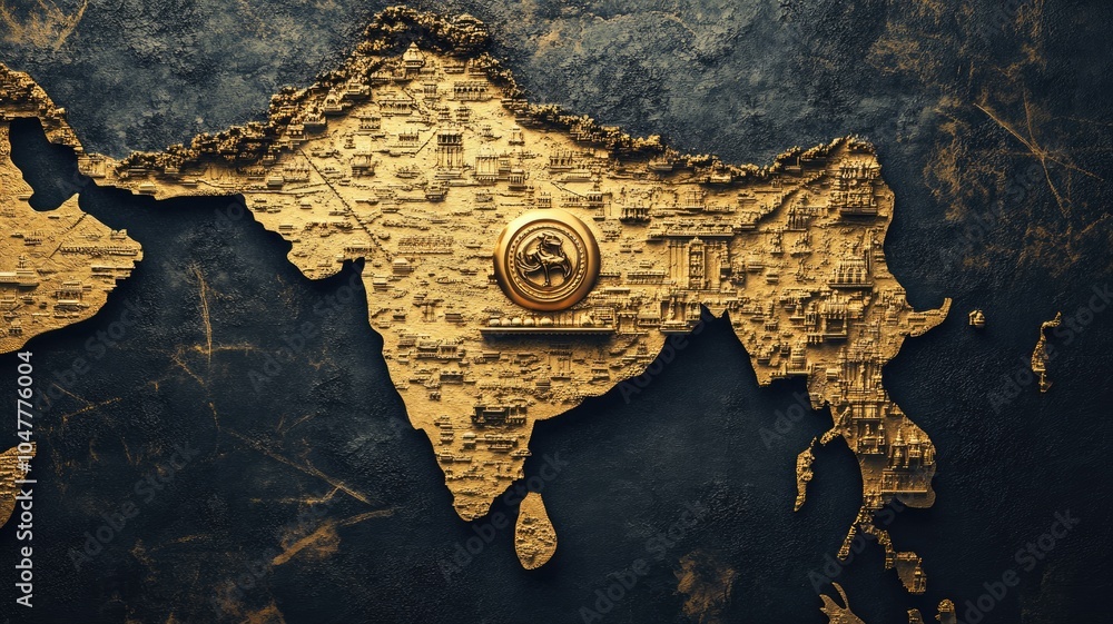Golden, textured map of Indian subcontinent with intricate details and ...