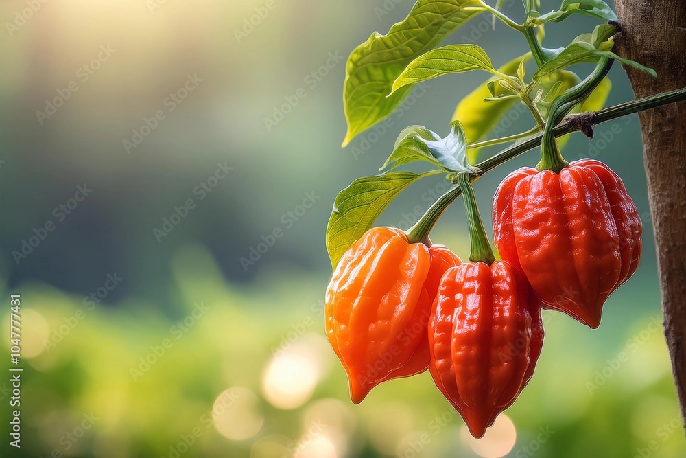 Carolina Reaper chili pepper fruits on tree branch with plantation ...