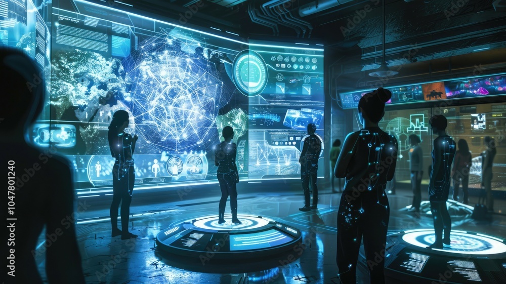 A futuristic museum where AI guides help visitors explore exhibits. The ...