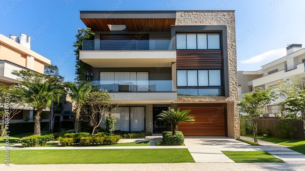A facade depicting a modern, simple, multi-family residential building ...
