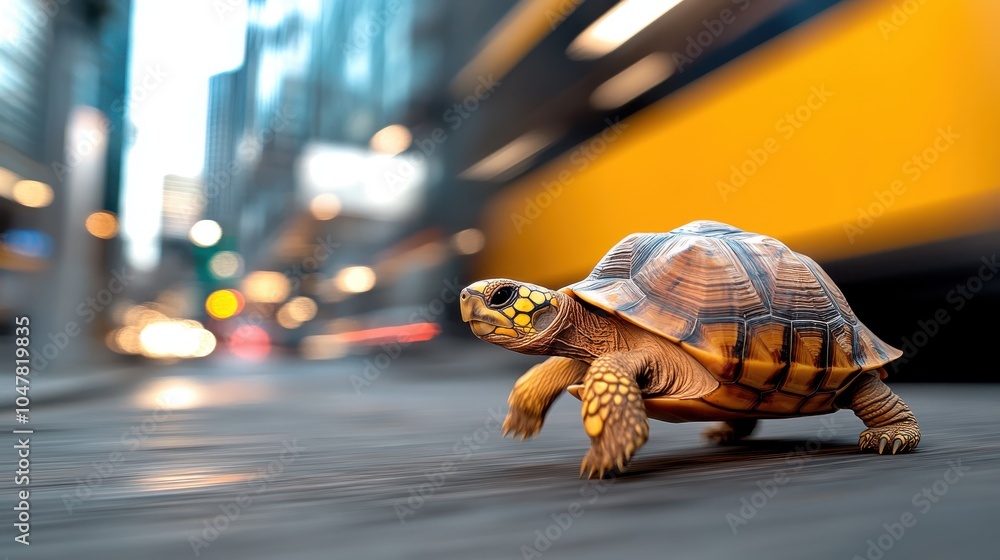 A turtle moves confidently along a bustling city street, dodging fast ...