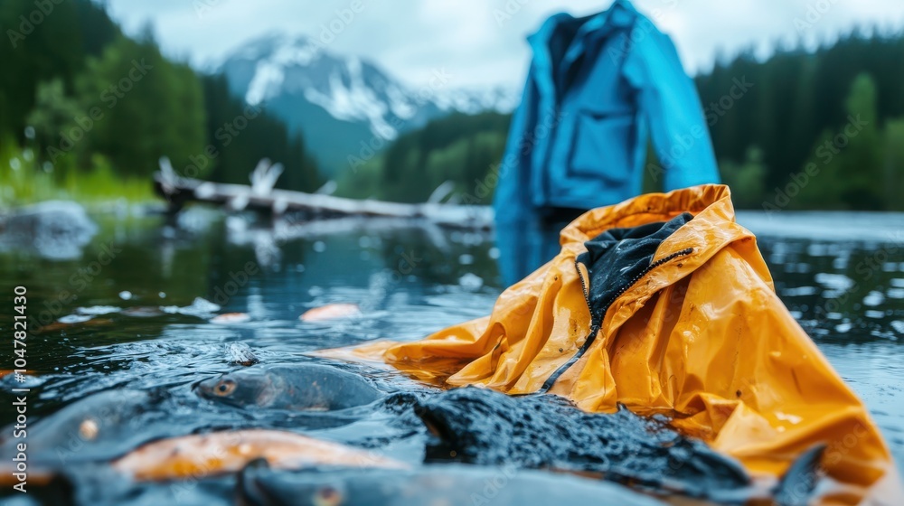 In a forest setting, a blue-jacketed figure stands beside an oil ...