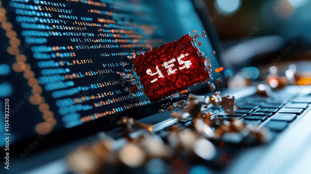 A red pixelated box labeled 'YES' appears to hover above a keyboard ...