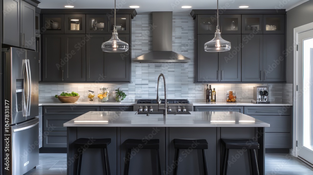 Modern gray kitchen features dark gray flat front cabinets. Modern ...