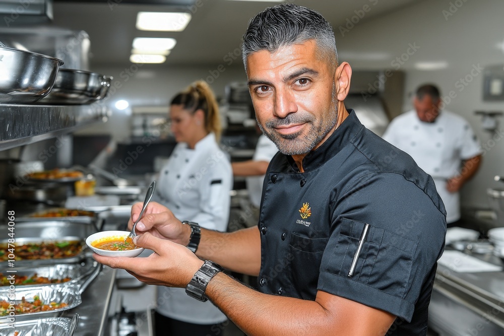 A chef taking a sip of soup from a spoon, testing the flavor while ...