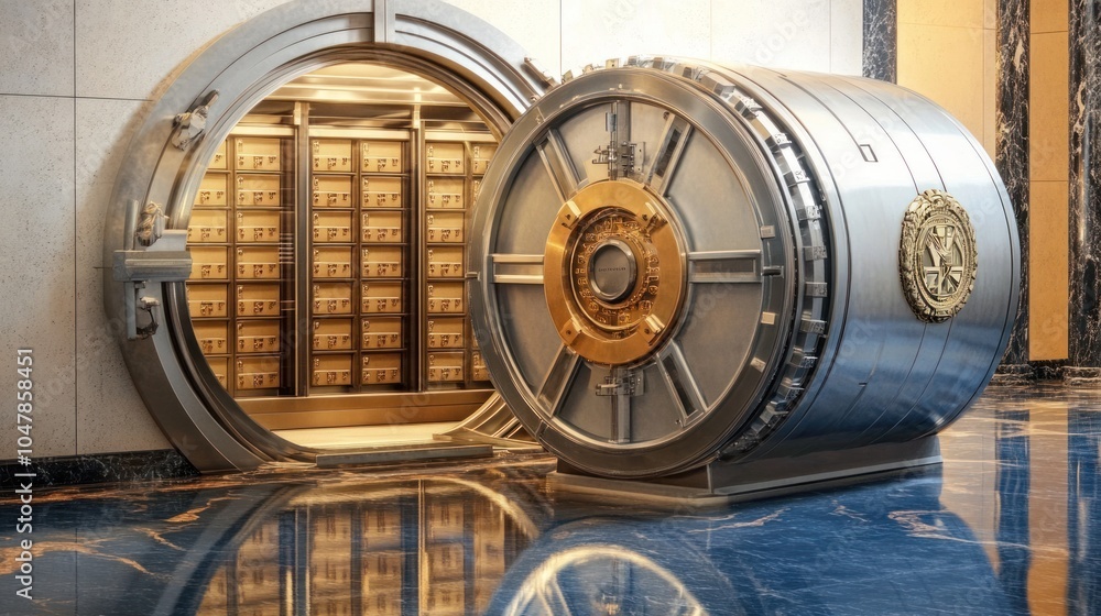 A large, heavy vault door stands open, revealing a secure room with ...