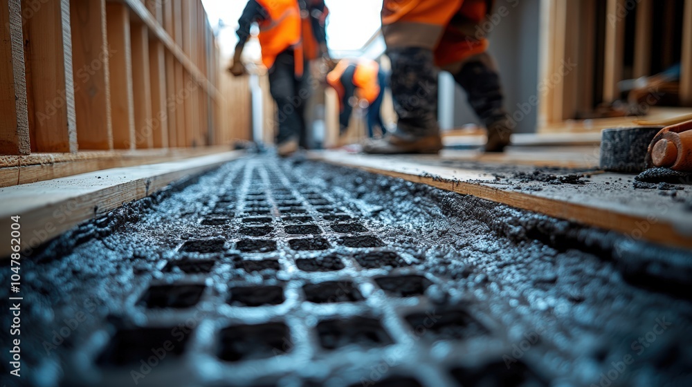Construction workers pouring concrete onto steel grating for the ...