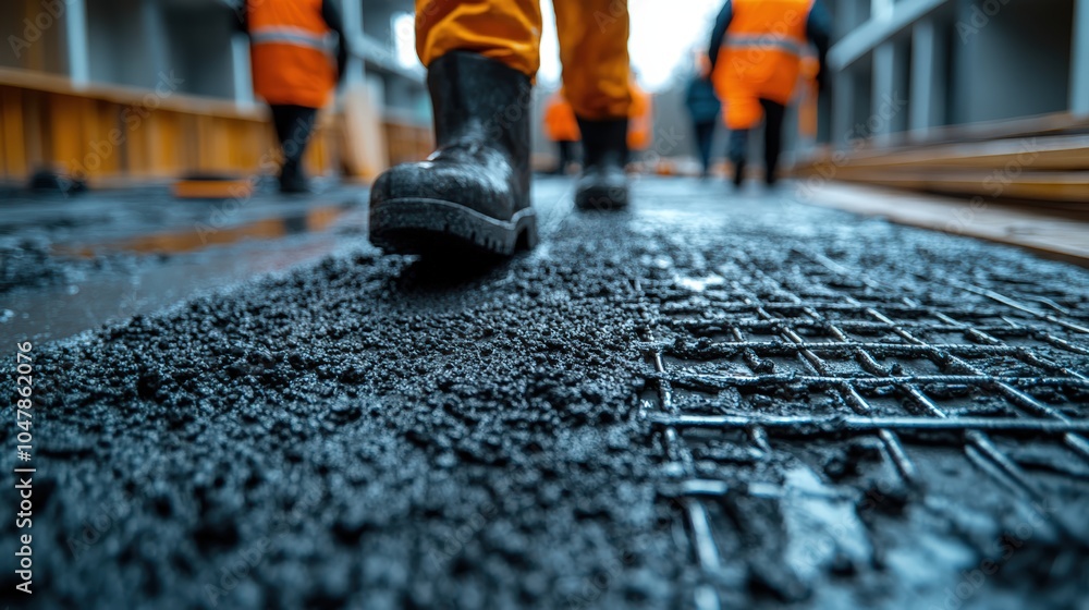 Construction workers pouring concrete onto steel grating for the ...