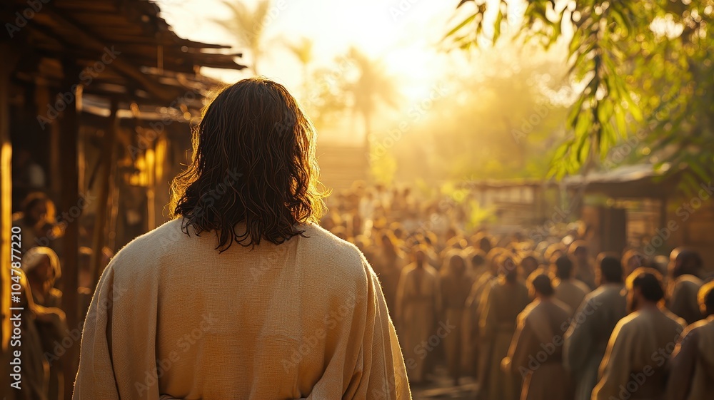 Jesus standing before a crowd, viewed from behind, soft glow of ...