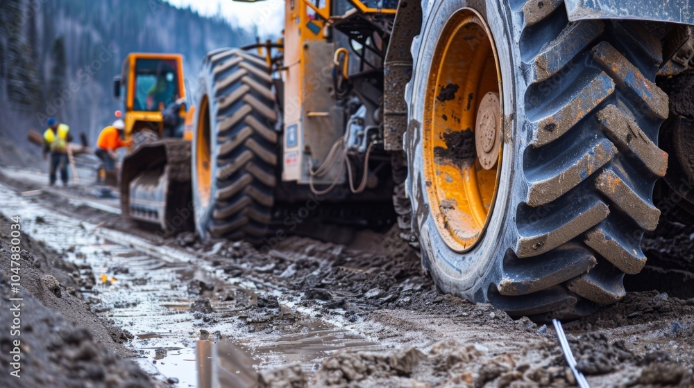 A team of workers replacing worn blades on a road grader improving its ...