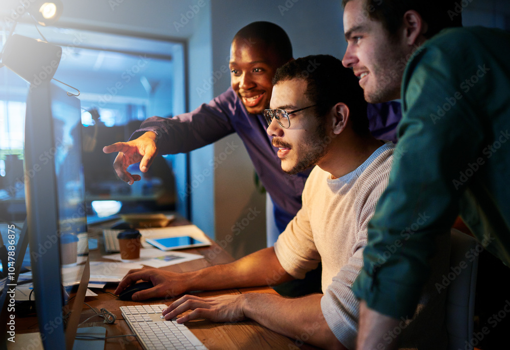 Office, pointing and business people with teamwork by computer for ...