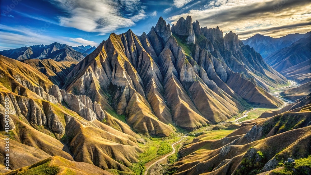 Steep fault block mountains with craggy slopes and shadowed ravines ...