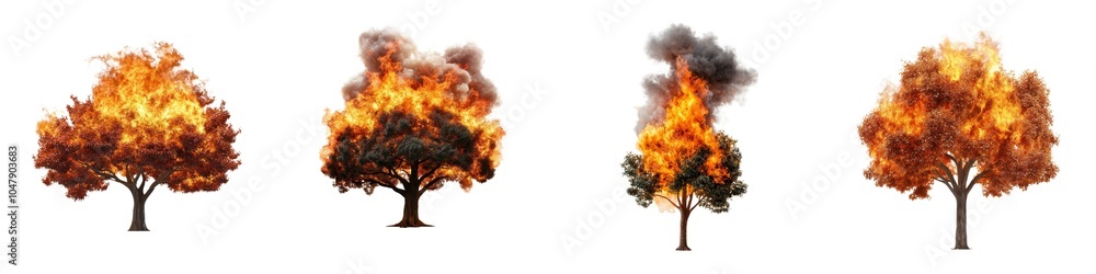 Four trees engulfed in flames, depicting fire's destructive power and ...