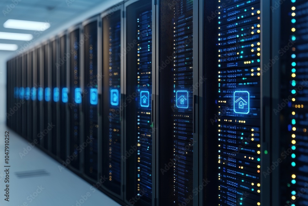 Data center with multiple server racks and glowing network indicators. foto de Stock | Adobe Stock