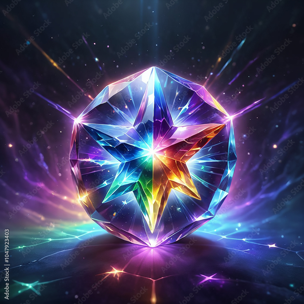A large, multifaceted, iridescent diamond crystal shaped like a star ...