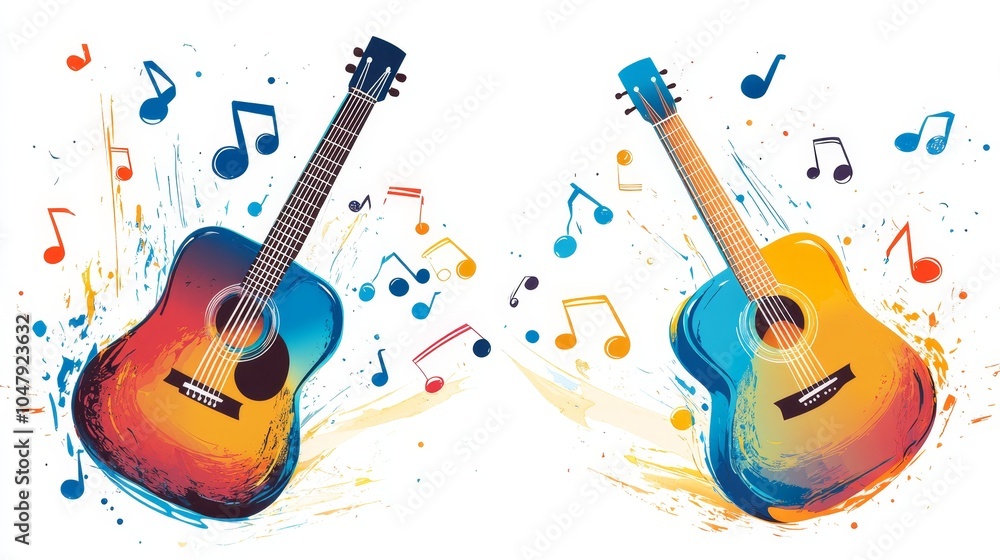Two colorful acoustic guitars with musical notes and splashes of paint ...